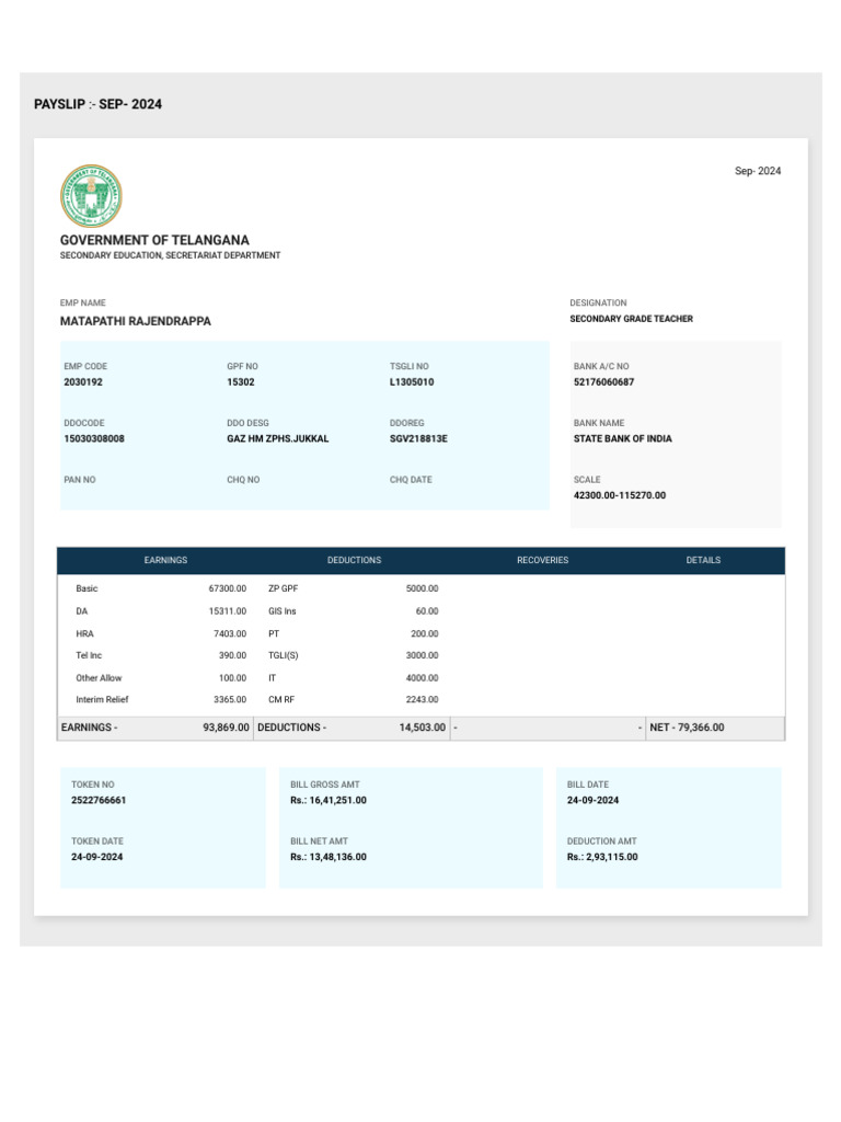 Government of Telangana: Payslip SEP-2024 | PDF