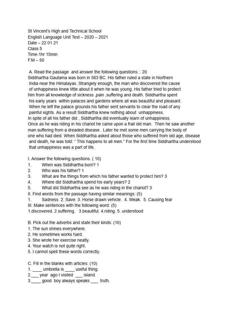 St Vincent's Class 5 English Test 2021 | PDF | Linguistics
