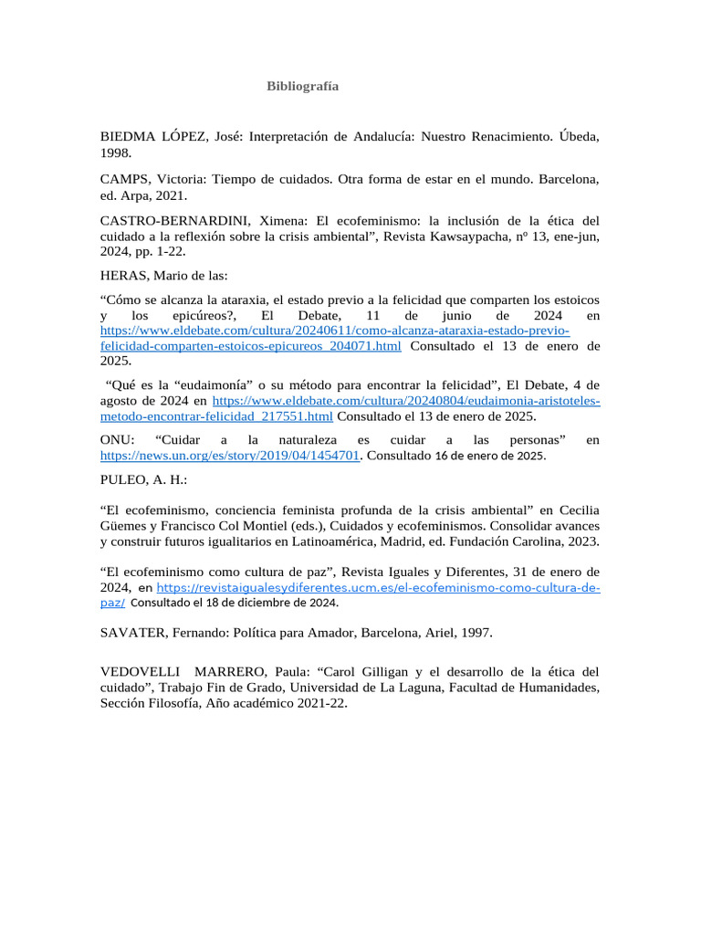 Bibliografía sobre ecofeminismo y ética del cuidado | PDF