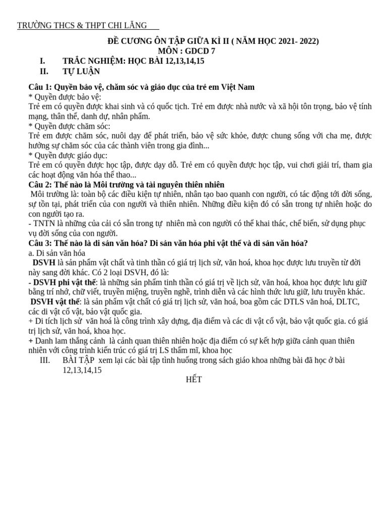 De Cuong GDCD 7 Giua Ki 2. 2021 | PDF
