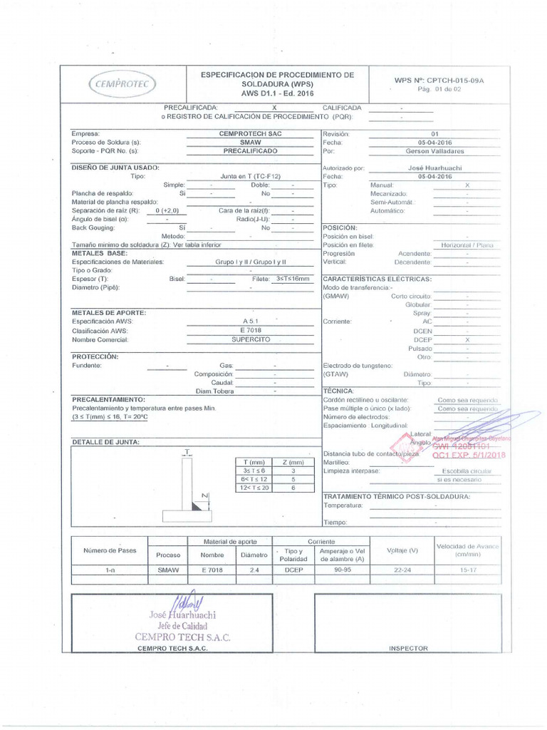Especificación de Procedimiento de Soldadura - SMAW-2F-3F-4F | PDF