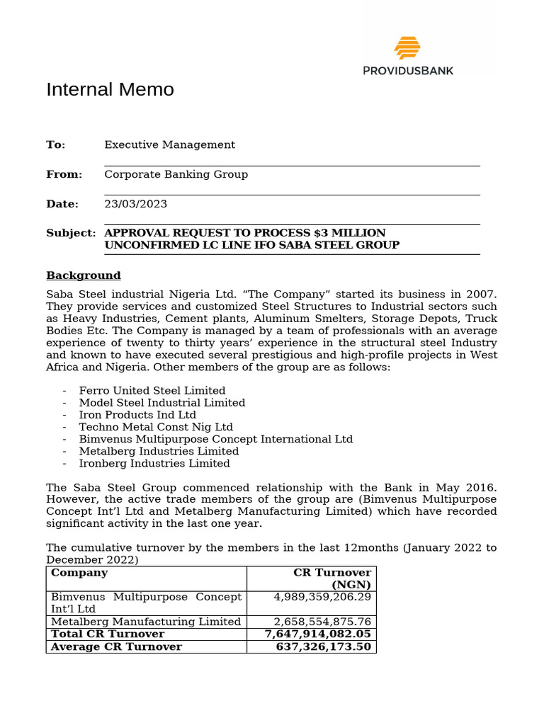 Approval Memo to Process Usd3 Million Ulc Ifo Saba Steel Group (002 ...