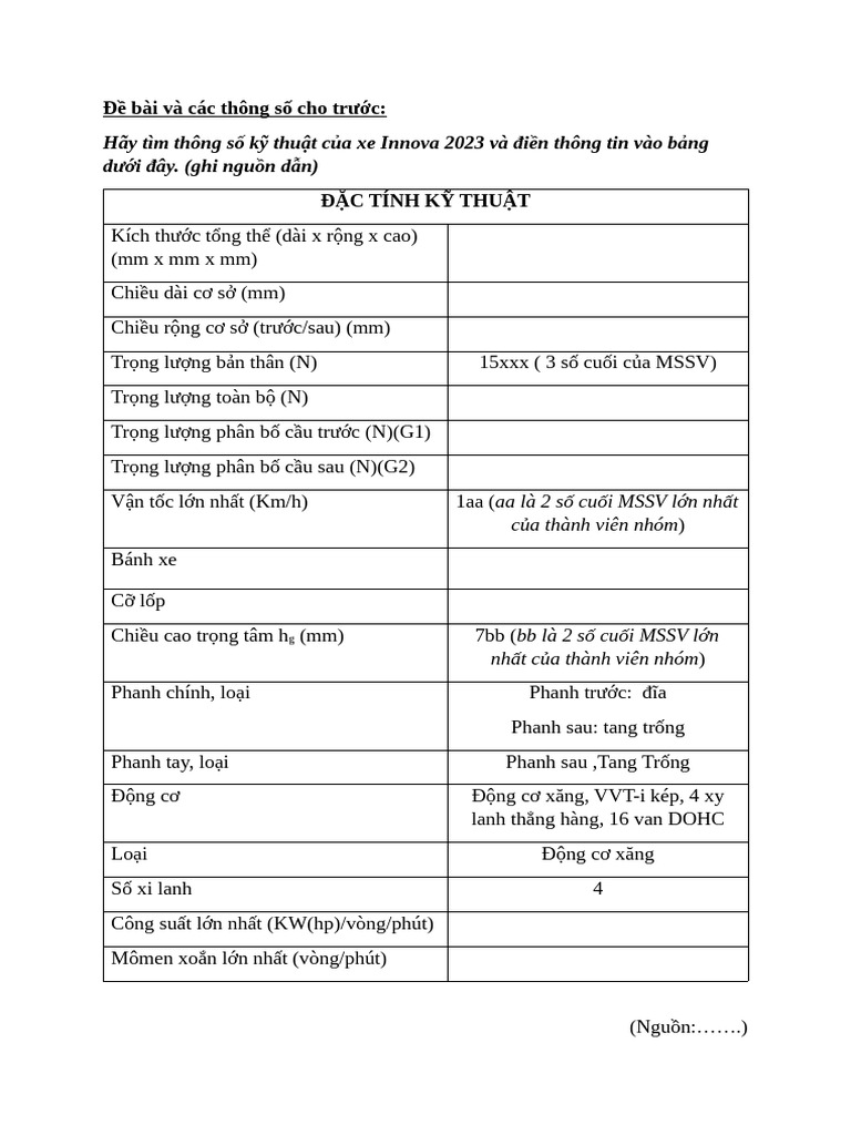 ĐỀ BÀI BÀI TẬP LƠN TÍNH TOÁN Ô TÔ D22 | PDF