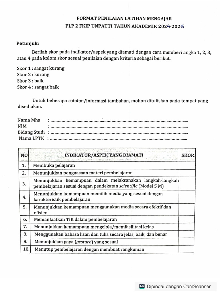 Format Penilaian PLP 2 | PDF