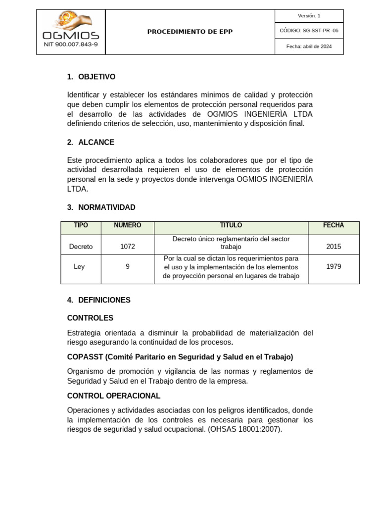 Procedimiento EPP para OGMIOS Ingeniería | PDF | Seguridad y salud ocupacional | Riesgo