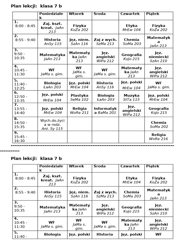 Plan Klasa 7b | PDF