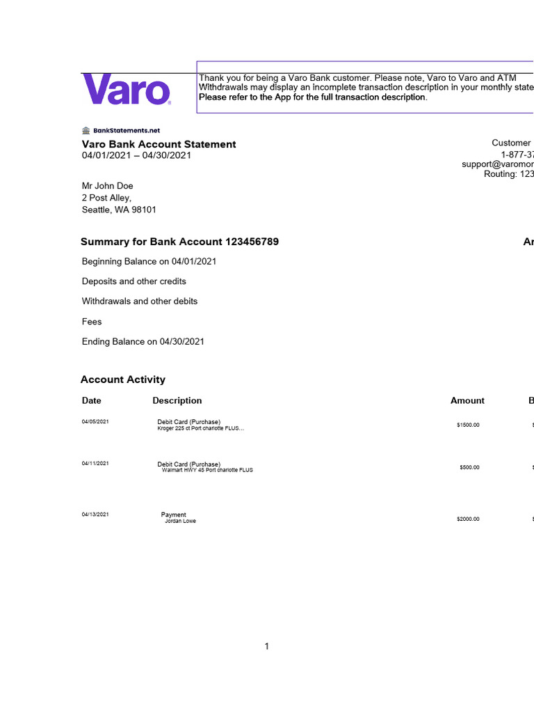 Varo Bank Statement BankStateme | PDF | Debit Card | Banks
