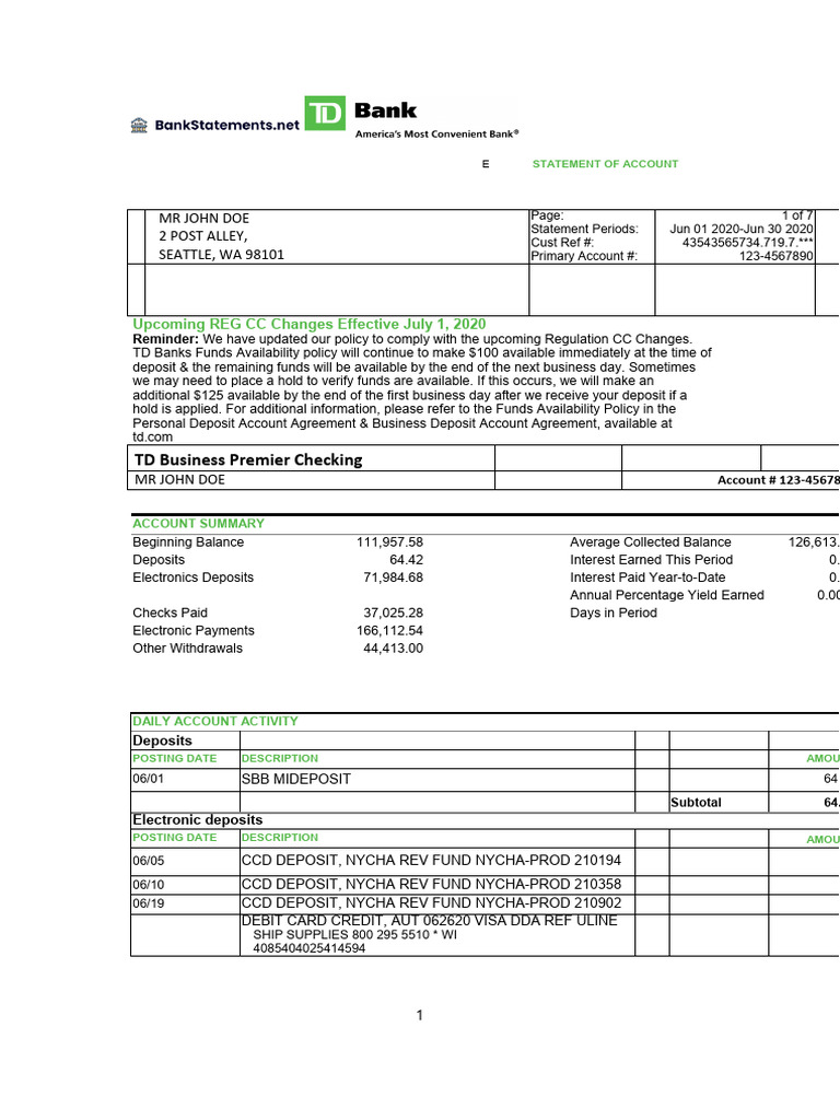 TD Bank Statement Overview 2020 | PDF | Banks | Debit Card
