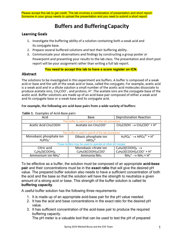 Buffers Lab Hybrid Sp24 V21 | PDF | Buffer Solution | Acid