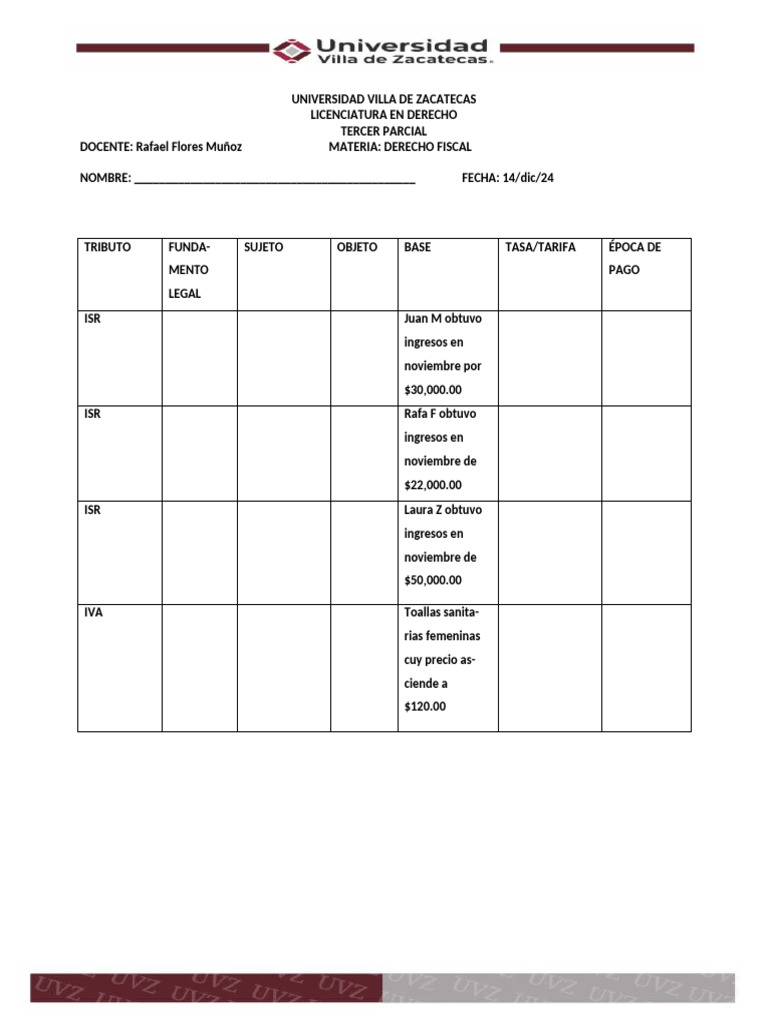 Formato Examen 3er PARCIAL - Derechofiscal - UVZ | PDF