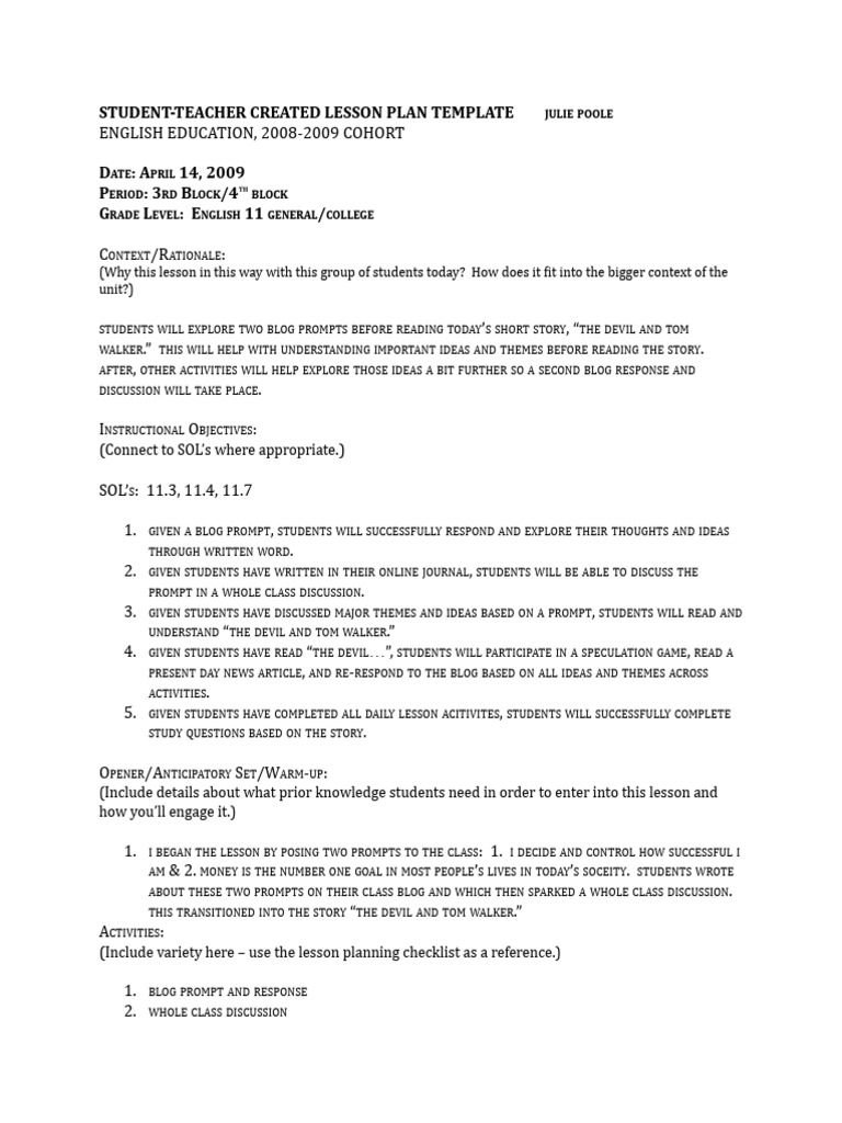 The+Devil+ +Tom+Walker+Lesson+Plan | PDF | Learning | Cognition