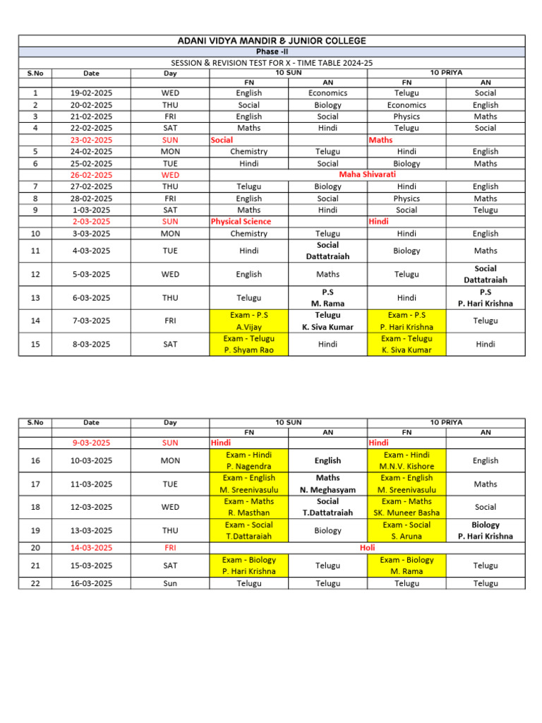 10th - Class - Final Time Table | PDF
