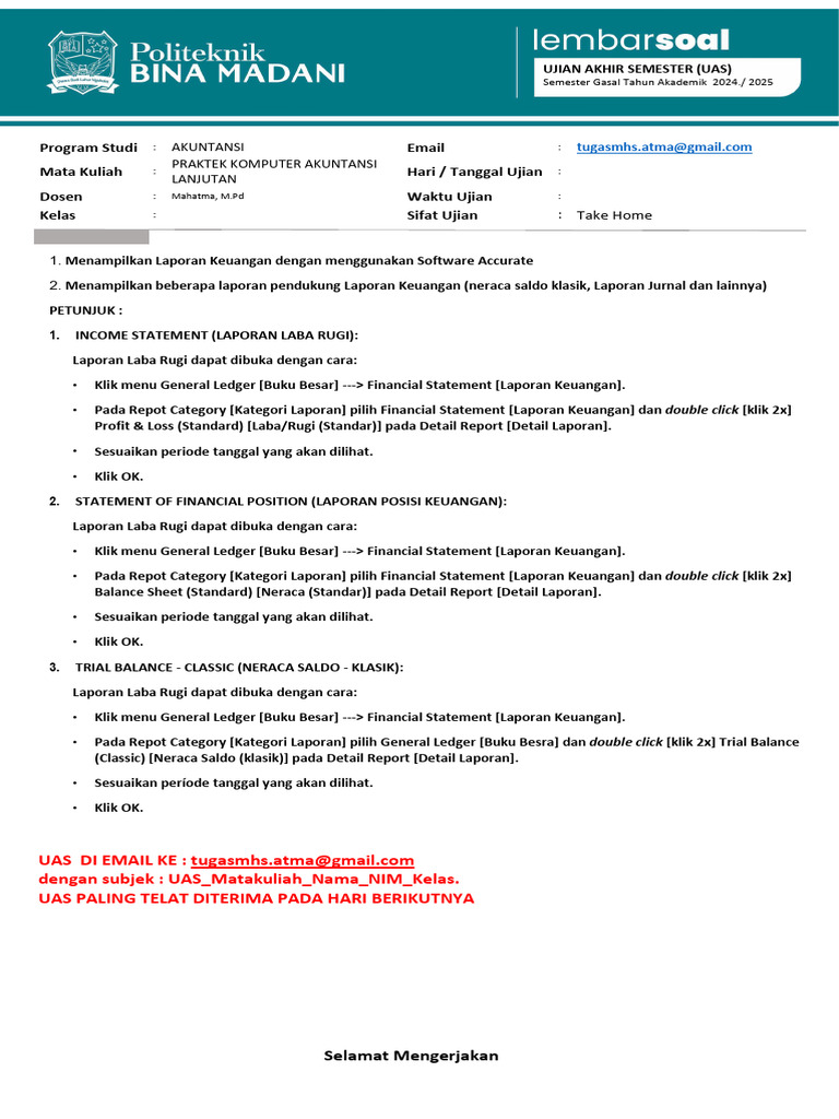 UAS Praktek Komputer Akuntansi Lanjutan Mahatma | PDF