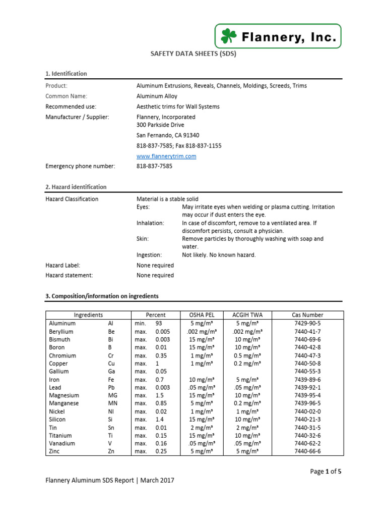 Flannery Aluminum Safety Data Sheet | PDF | Aluminium | Waste Management