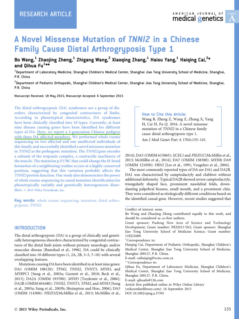 2wang - Et - Al-2016-A Novel Missense Mutation of TNNI2 in A Chinese Family Cause Distal ...