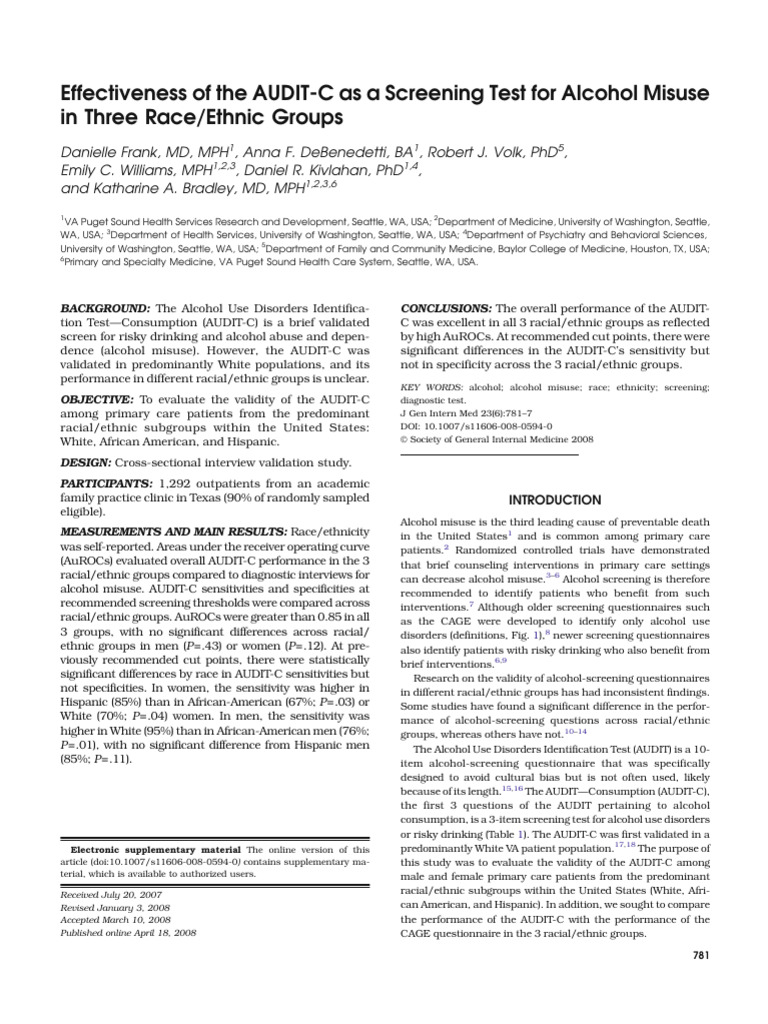 AUDIT-C Validity Across Ethnic Groups | PDF | Sensitivity And ...