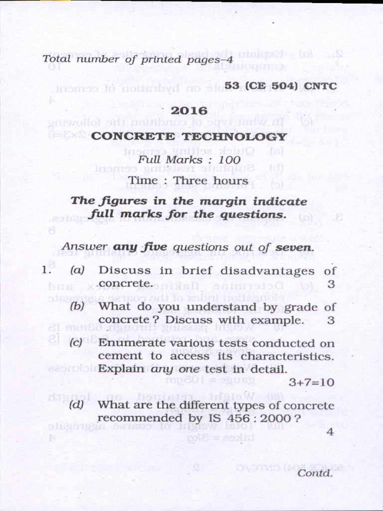 Concrete Technology Exam Questions | PDF | Concrete | Building Technology