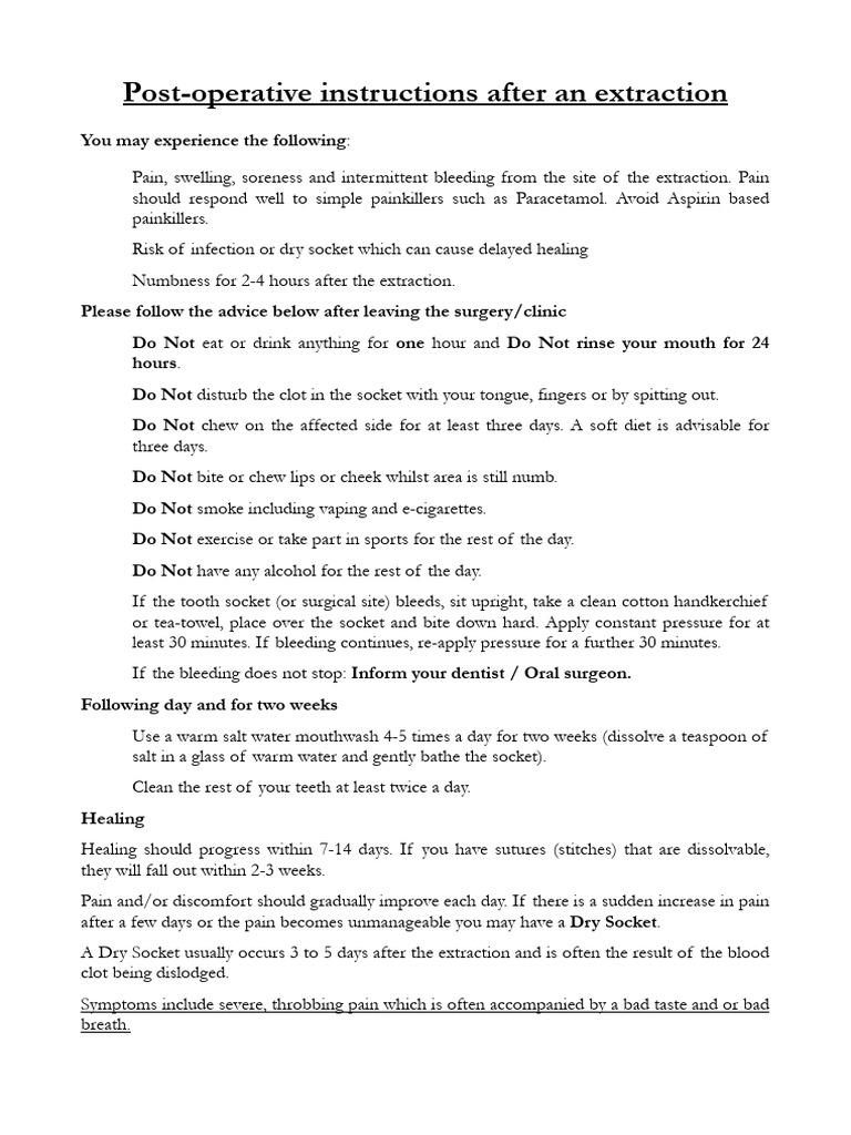 Post-Op Tooth Extraction Care Instructions | PDF