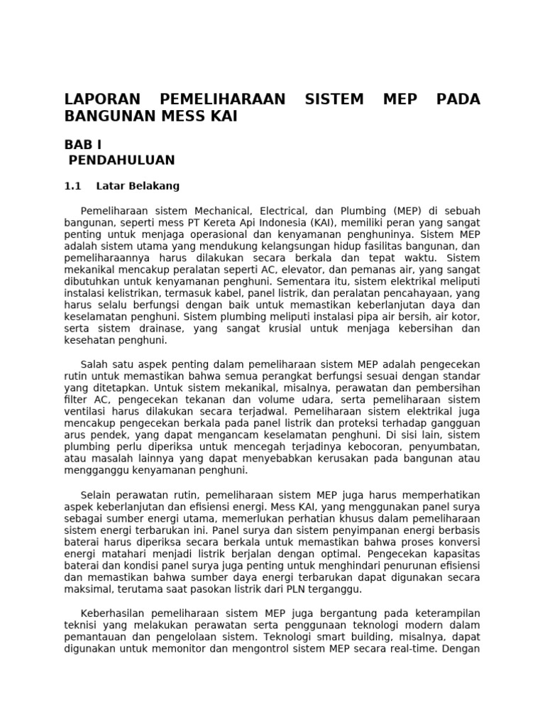 LAPORAN PEMELIHARAAN SISTEM MEP PADA BANGUNAN MESS KAI | PDF