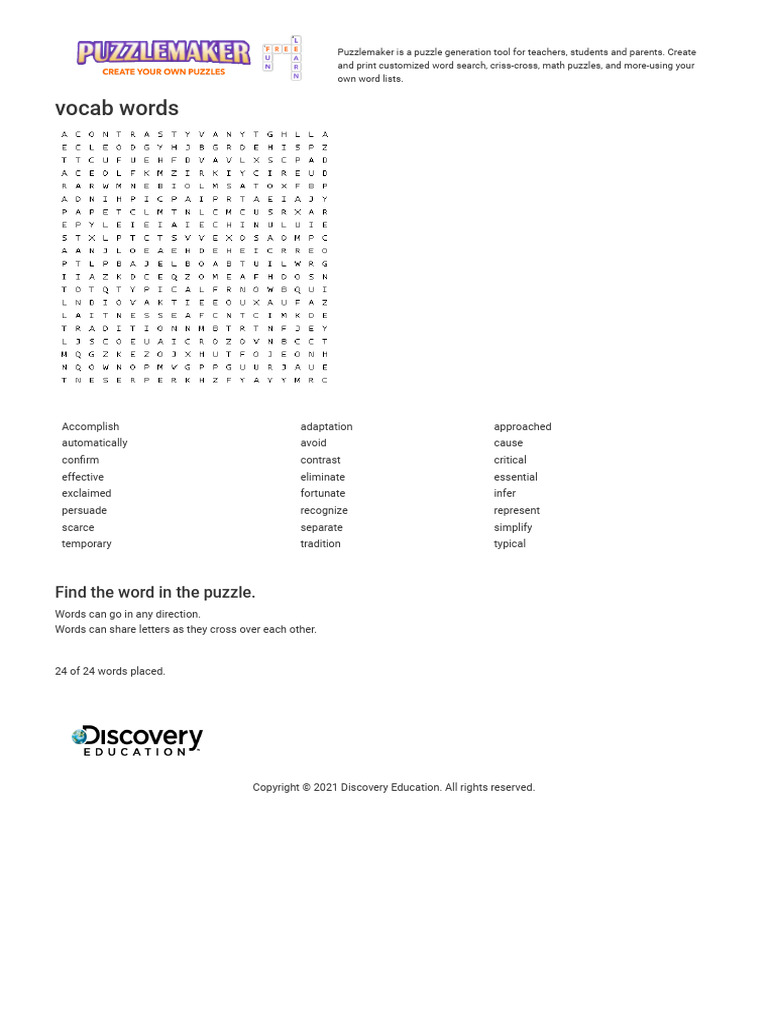Word Search Puzzle - Discovery Education Puzzlemaker | PDF