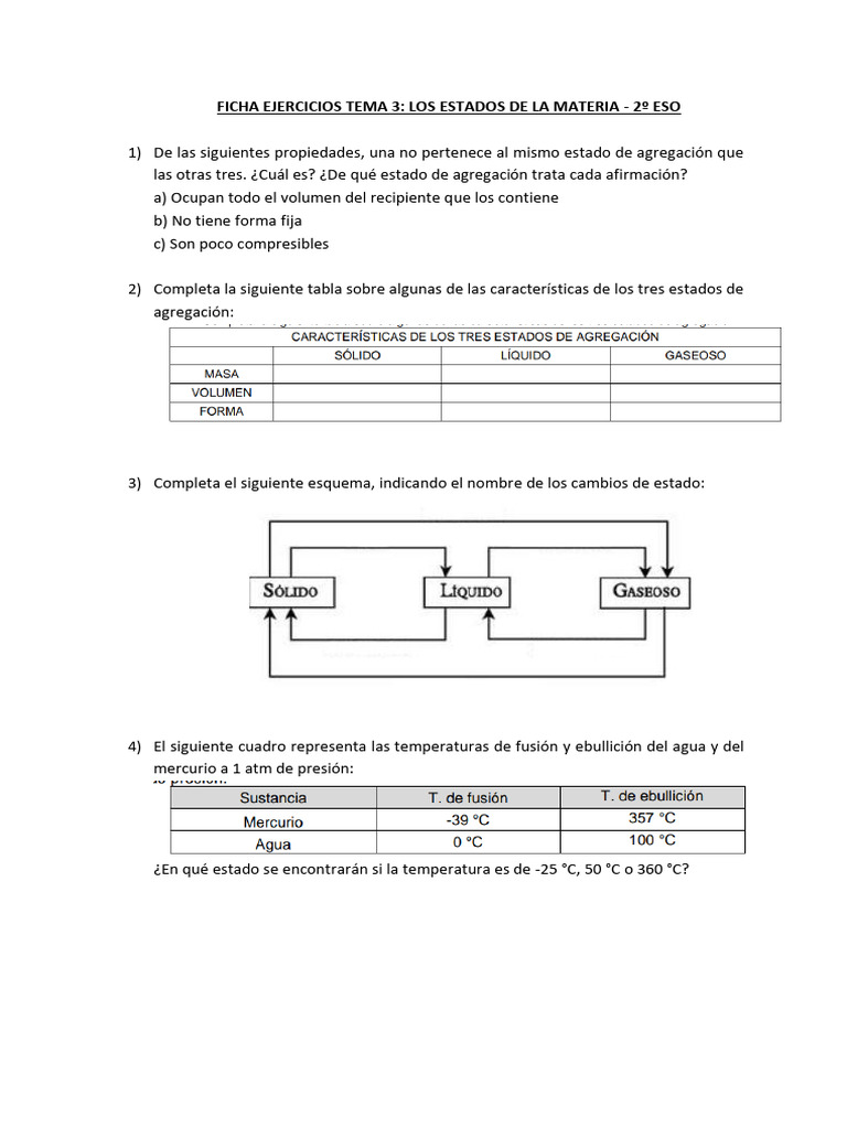 Ejercicios sobre Estados de la Materia | PDF