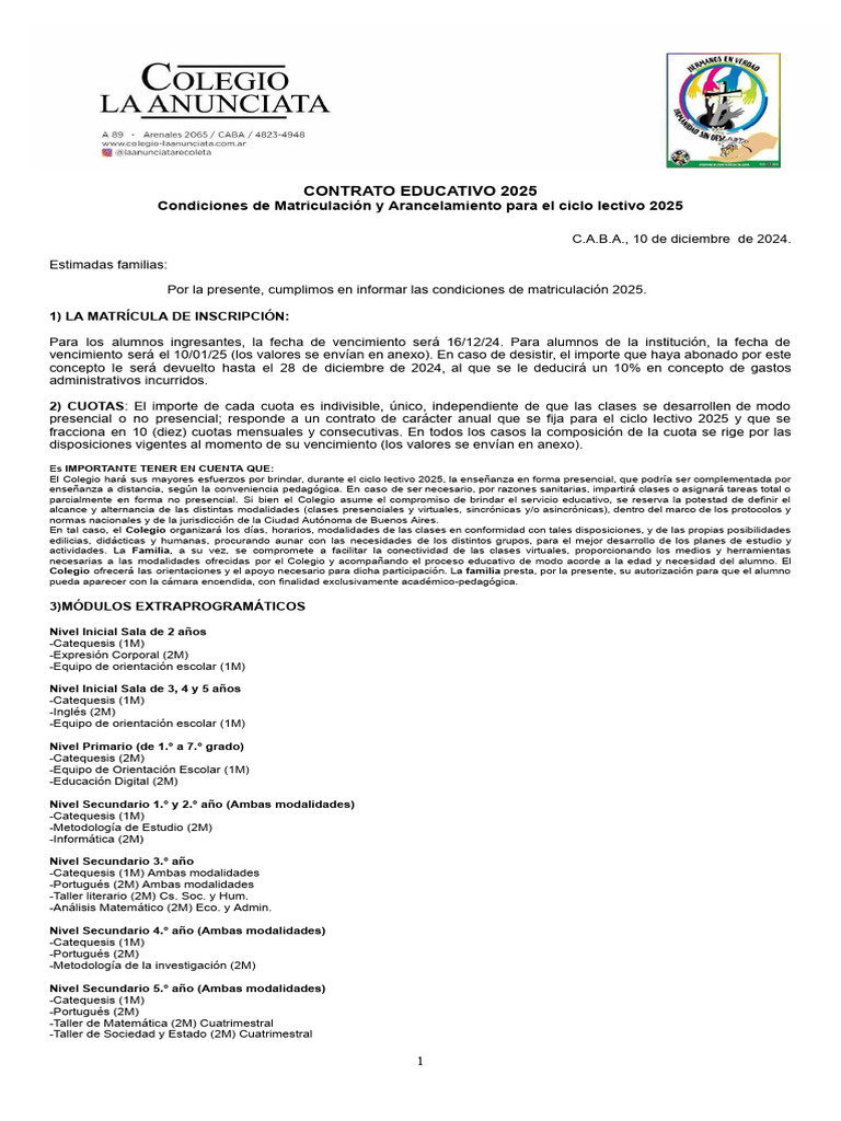 Contrato Educativo 2025: Matrícula y Cuotas | PDF | Educación Secundaria | Educación de la ...