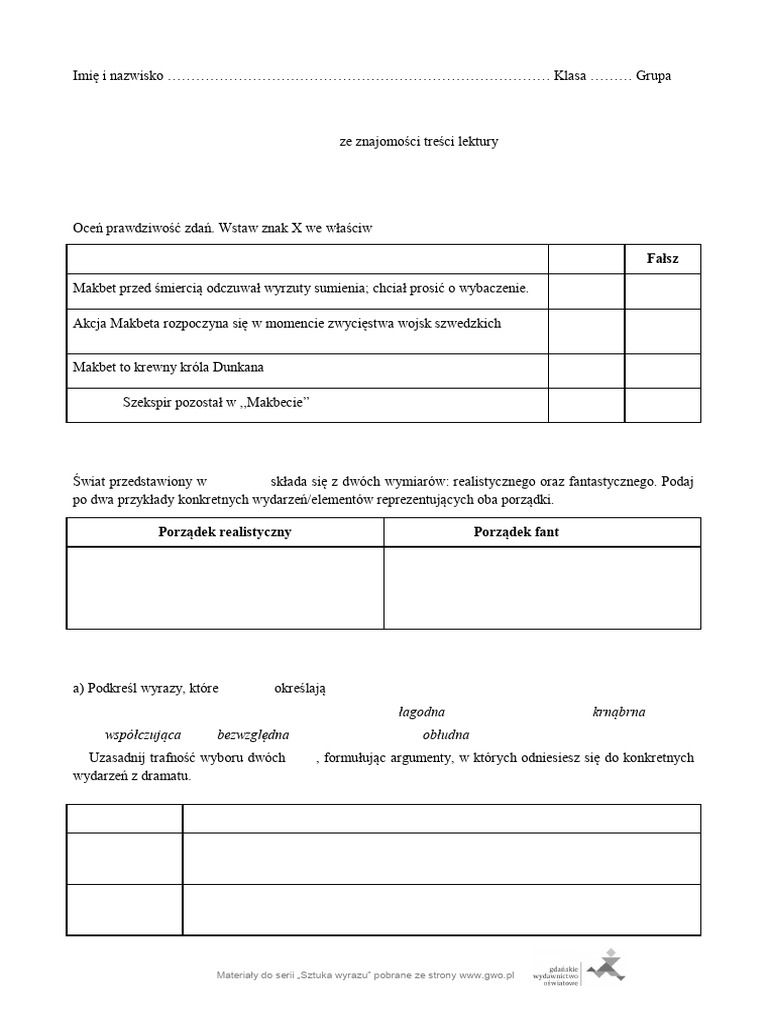 Test Makbet Szekspira B 1 PDF | PDF