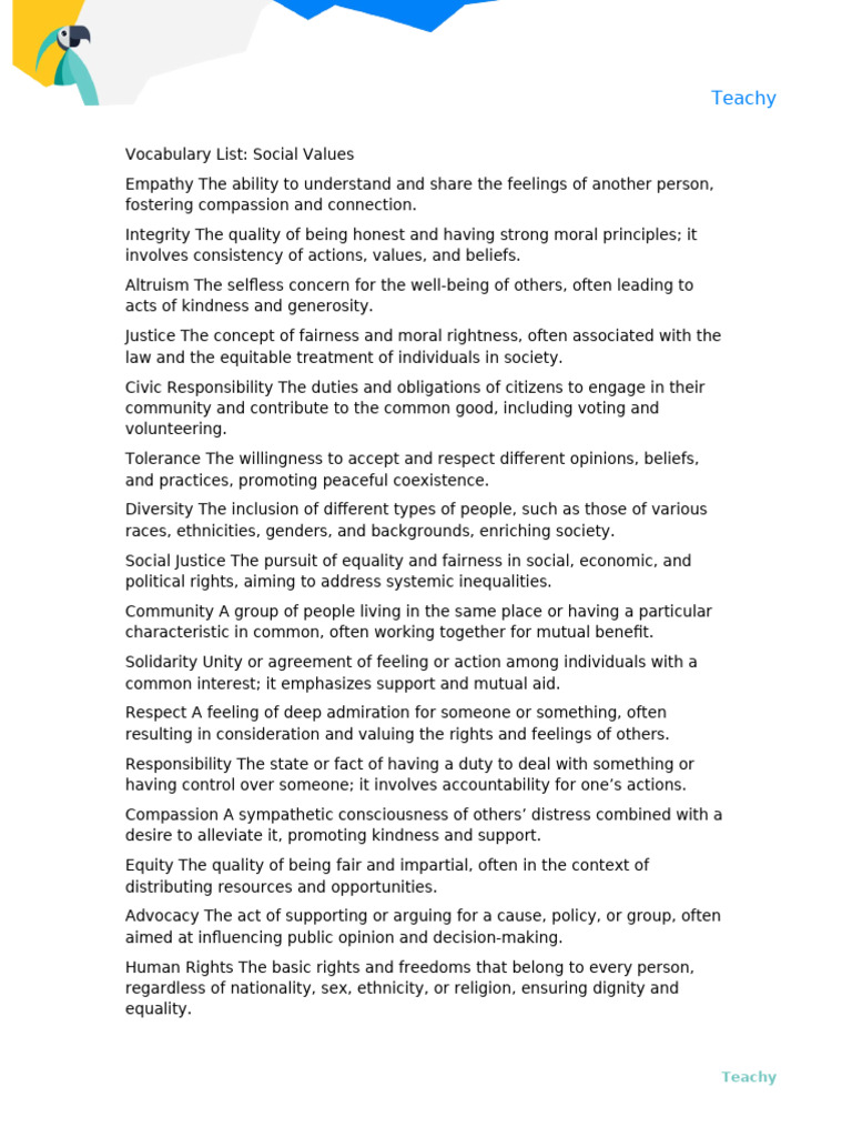Social Values Vocabulary List | PDF | Justice | Crime & Violence
