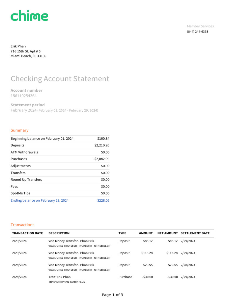 February 2024 Checking Statement Summary | PDF | Debit Card | Visa Inc.
