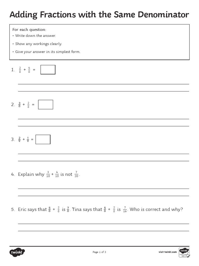 Adding Fractions With The Same Denominator Activity Sheet | PDF ...