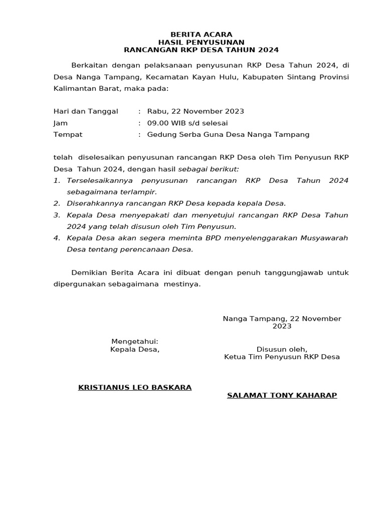 BA. Hasil Penyusunan Rancangan RKP Desa | PDF