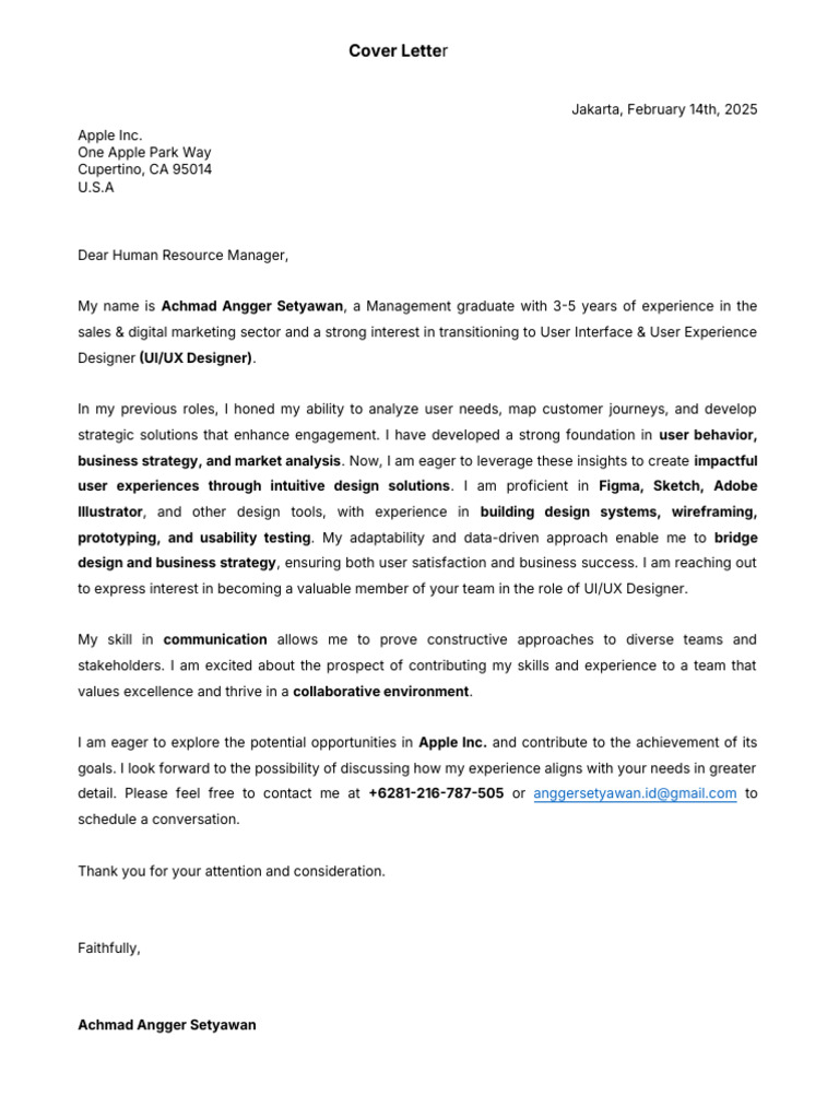 UI/UX Designer Cover Letter Sample | PDF | Usability | Business