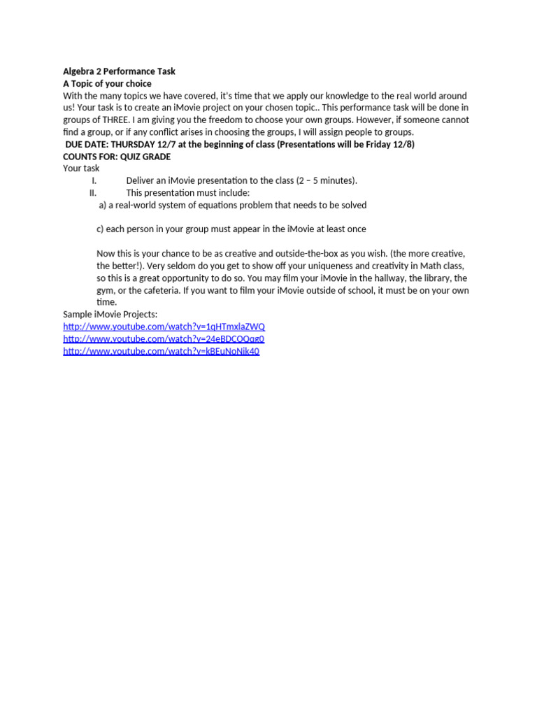 Algebra 2 Performance Task | PDF