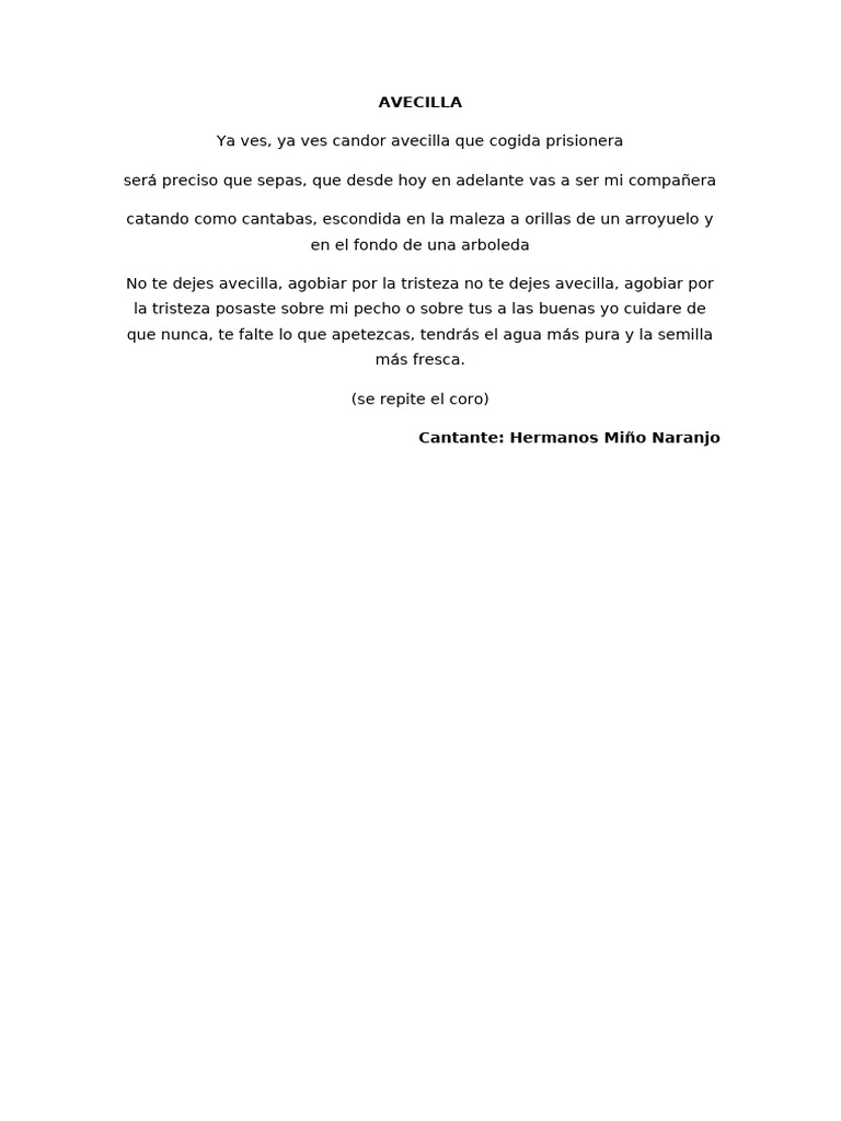 Letra de la canción "Avecilla" | PDF