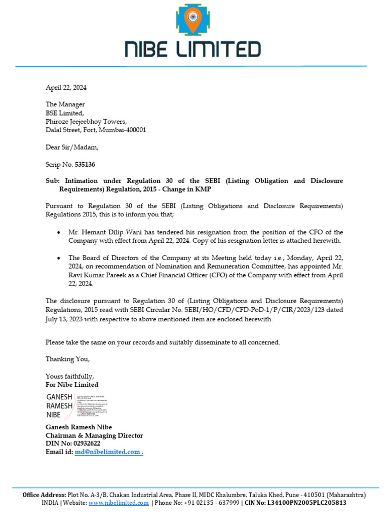 CFO Resignation and Appointment Notice | PDF | Chief Financial Officer ...