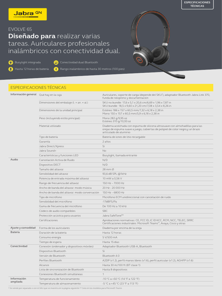 Evolve 65 Techsheet A4 090721 - ES WEB | PDF | Bluetooth | Micrófono