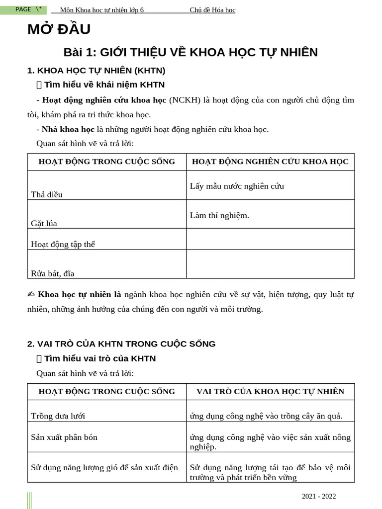 Bài 1 - GIỚI THIỆU VỀ KHTN - TDN - 2023-2024 | PDF