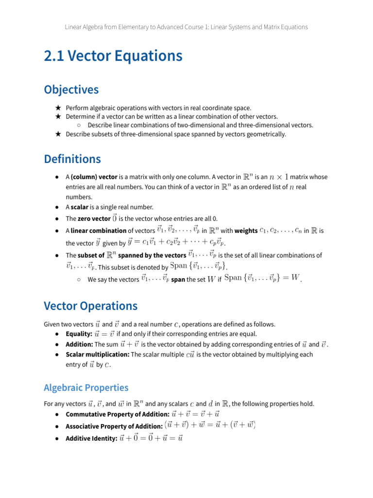 2.1 Vector Equations | PDF | Vector Space | Linear Map
