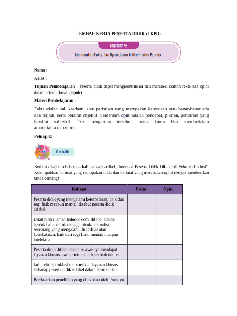 LKPD Fakta Opini Bab 3 | PDF