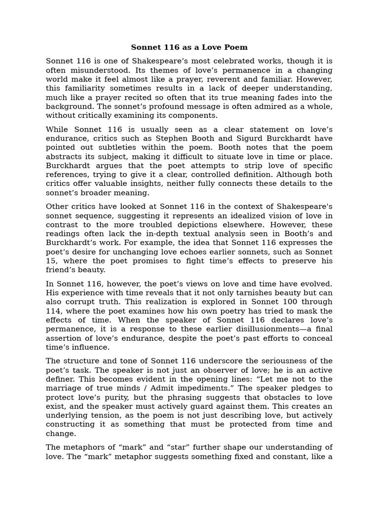 Sonnet 116 As A Love Poem | PDF | Love | Poetry