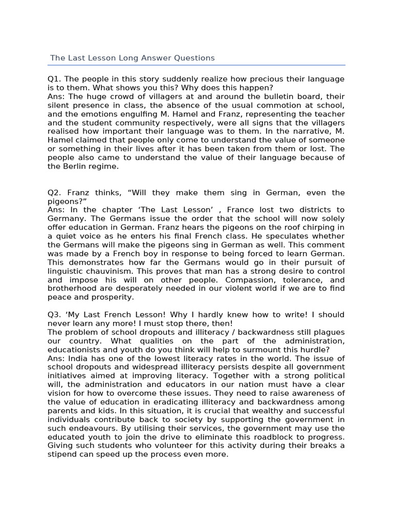 The Last Lesson Long Answer Questions | PDF | Literacy | Philately