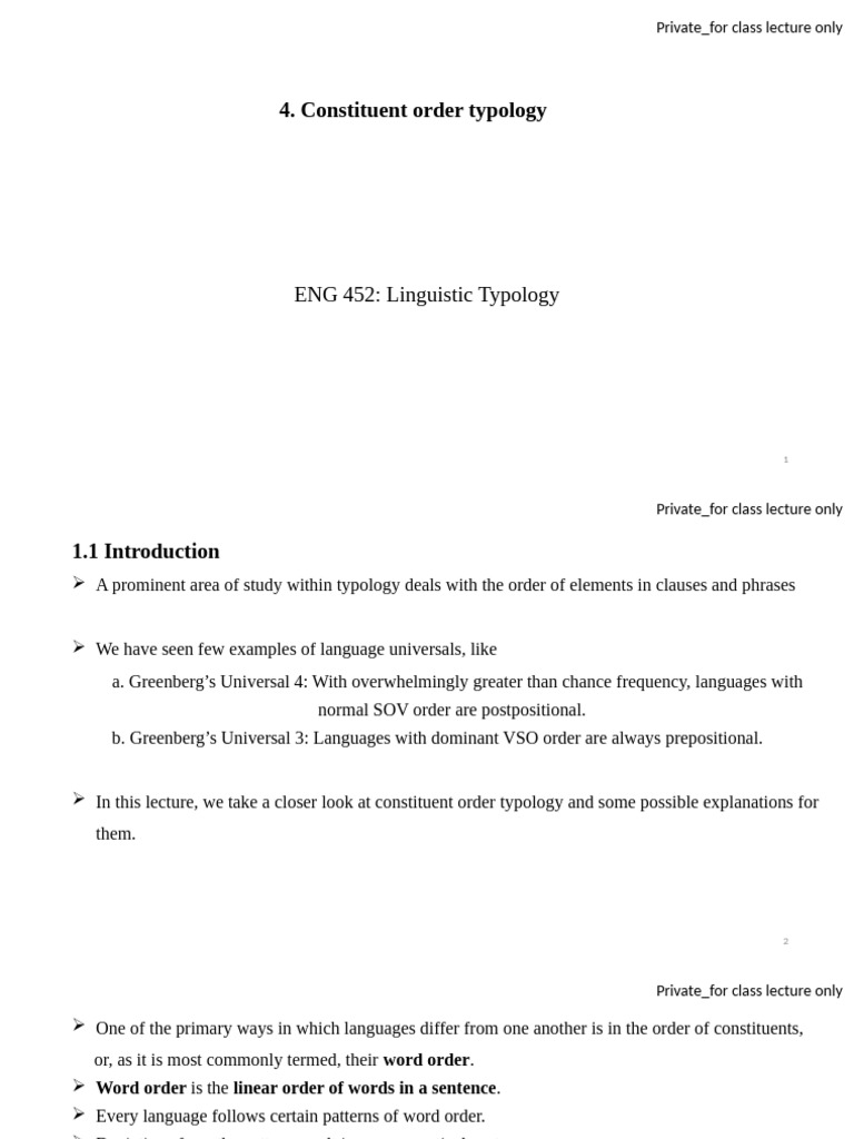 ENG452 Lecture - 4 Constituent Order Typology | PDF | Linguistic ...
