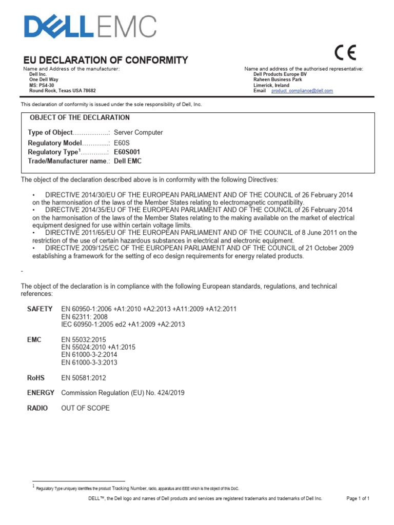 Dell Poweredge t340 E60s E60s001 European Union - Declaration of ...