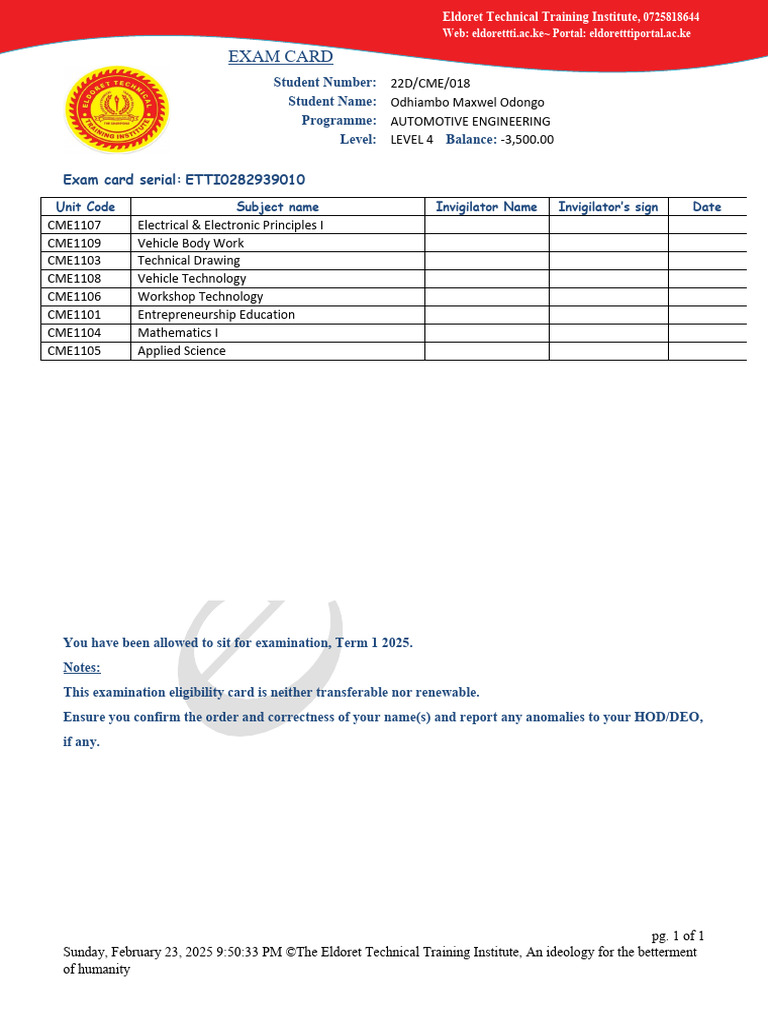 ExamCard 20250223215033 | PDF
