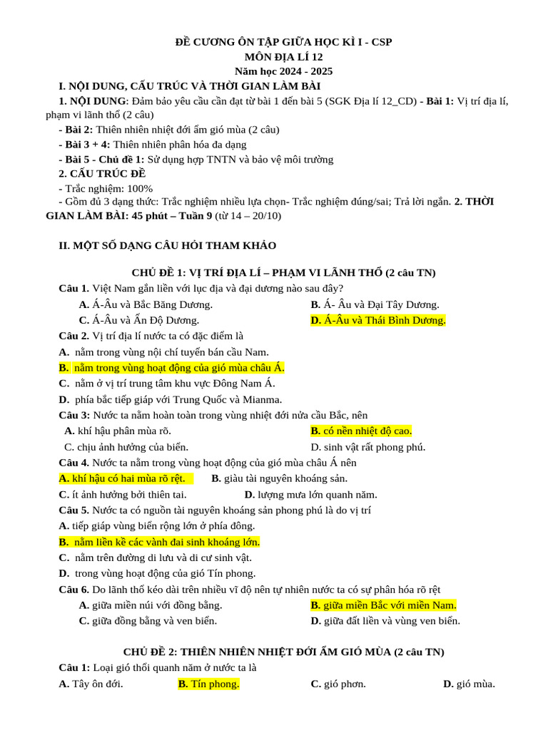 Đề cương Địa 12 GKI | PDF