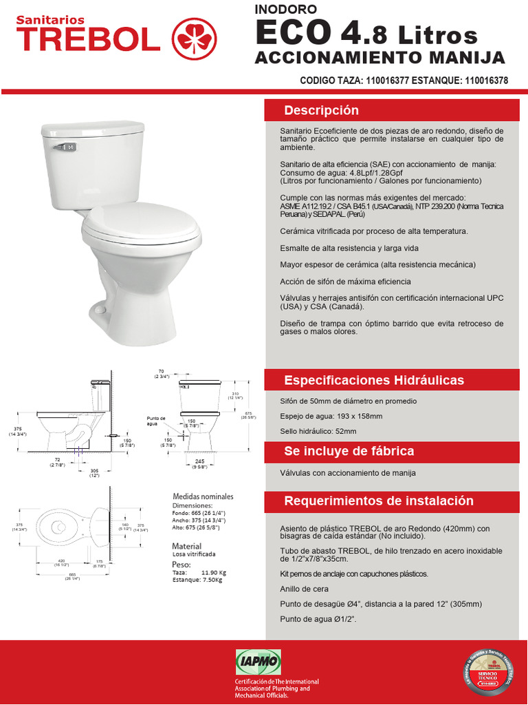 Ficha Tecnica-Inodoro-Eco-Manija | PDF | Baño | Materiales