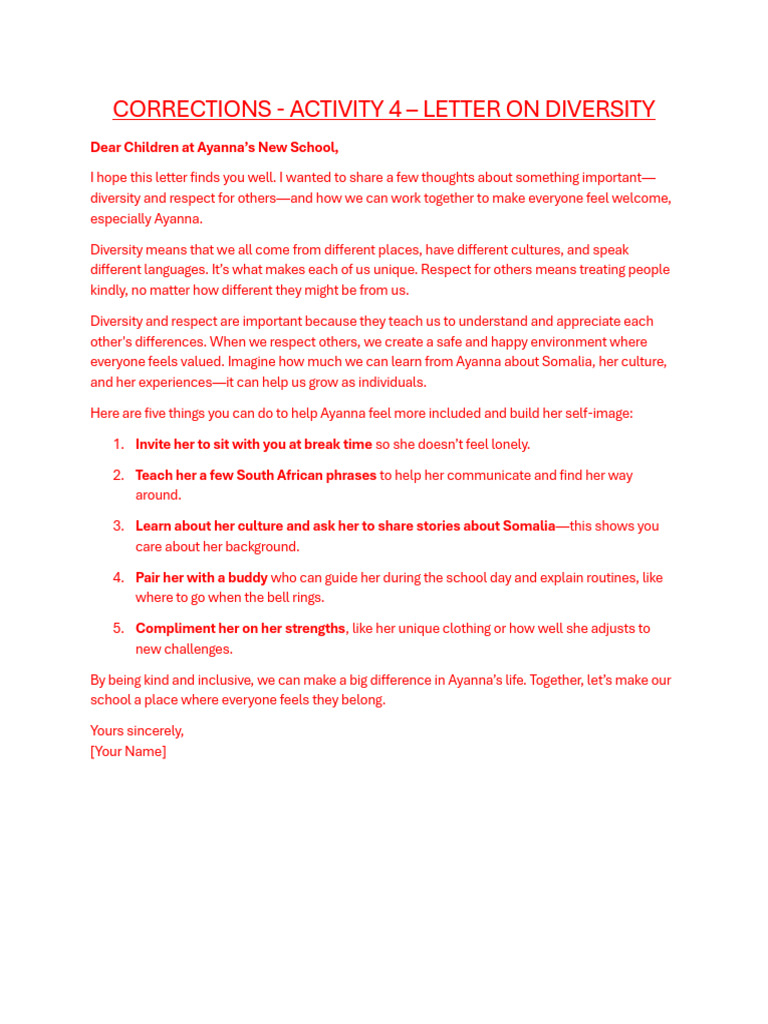 Corrections - Activity 4 - Letter On Diversity | PDF