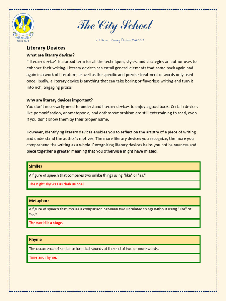 2.10.4 - Literary Devices Handout | PDF | Rhyme | Poetry
