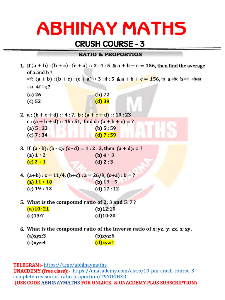 Ratio & Proportion - Crash Course by Abhinay Sharma | PDF