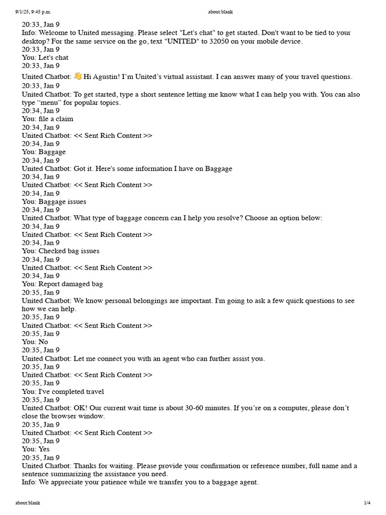 UnitedAirlines Claim Chat Transcript | PDF